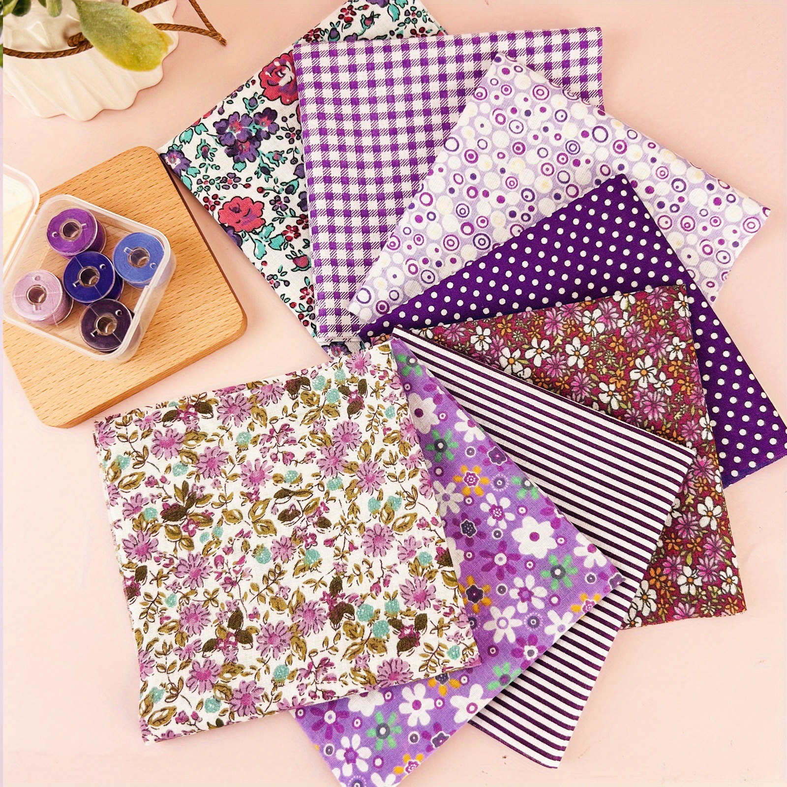 8pcs floral pattern cotton fabric, precut fabric with 5 bobbins of ...