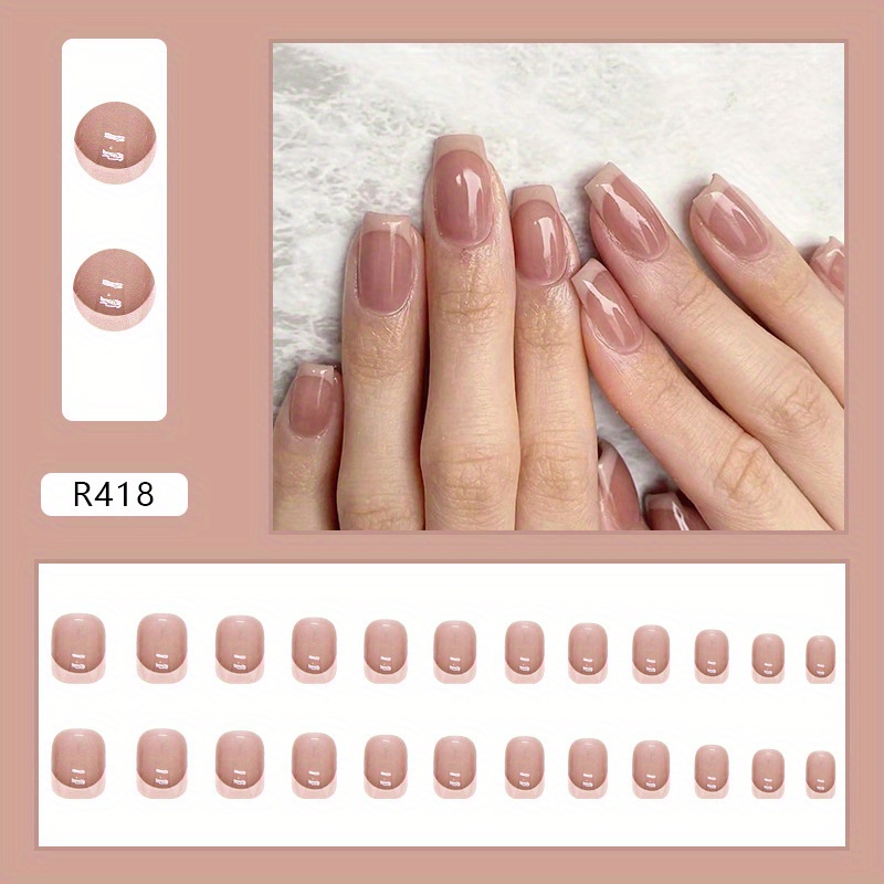 24pcs Nude Simple French Tip Press On Nails Short Square Fake Nails ...