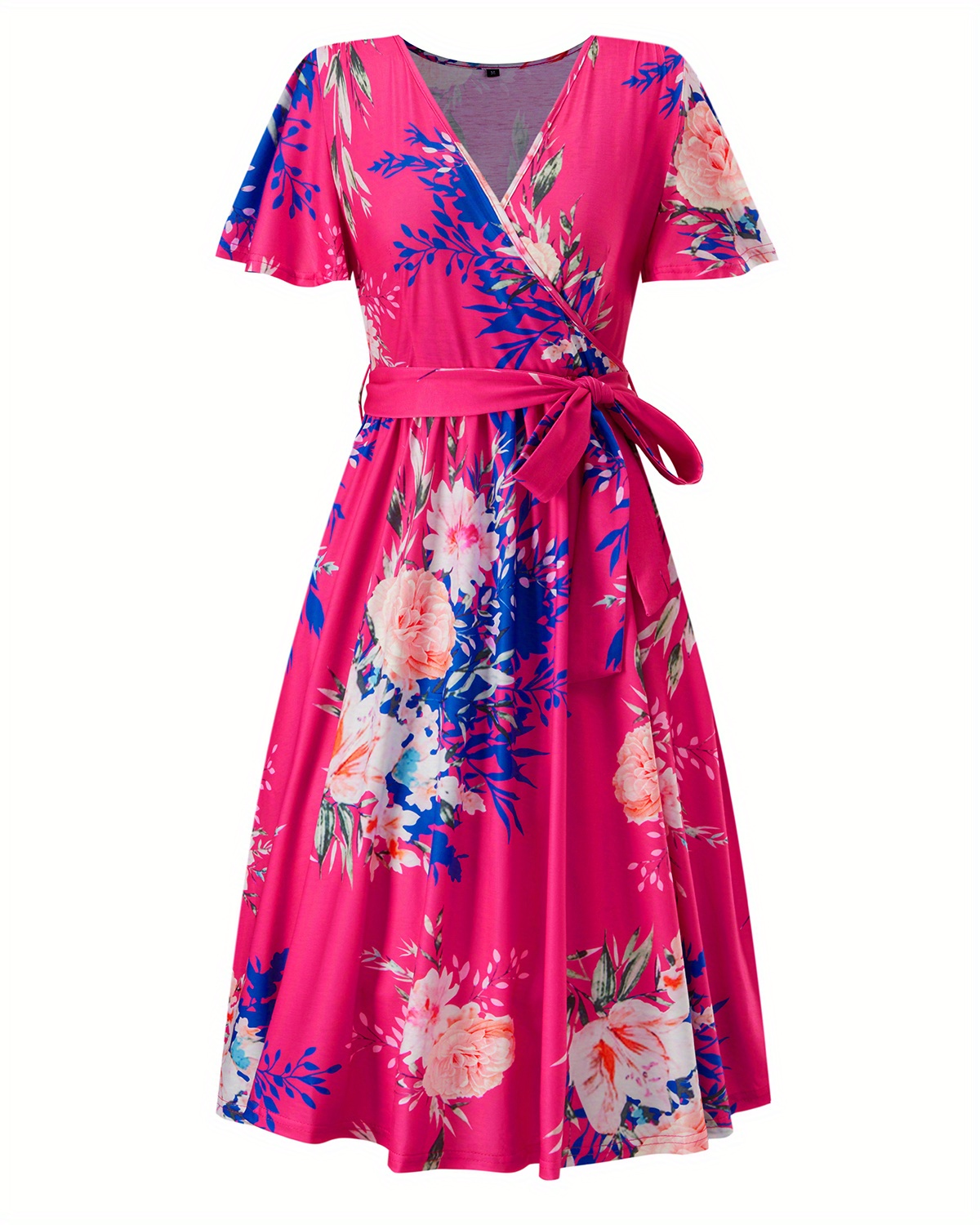 Floral Print Surplice Neck Dress Casual Flutter Sleeve Midi - Temu New ...