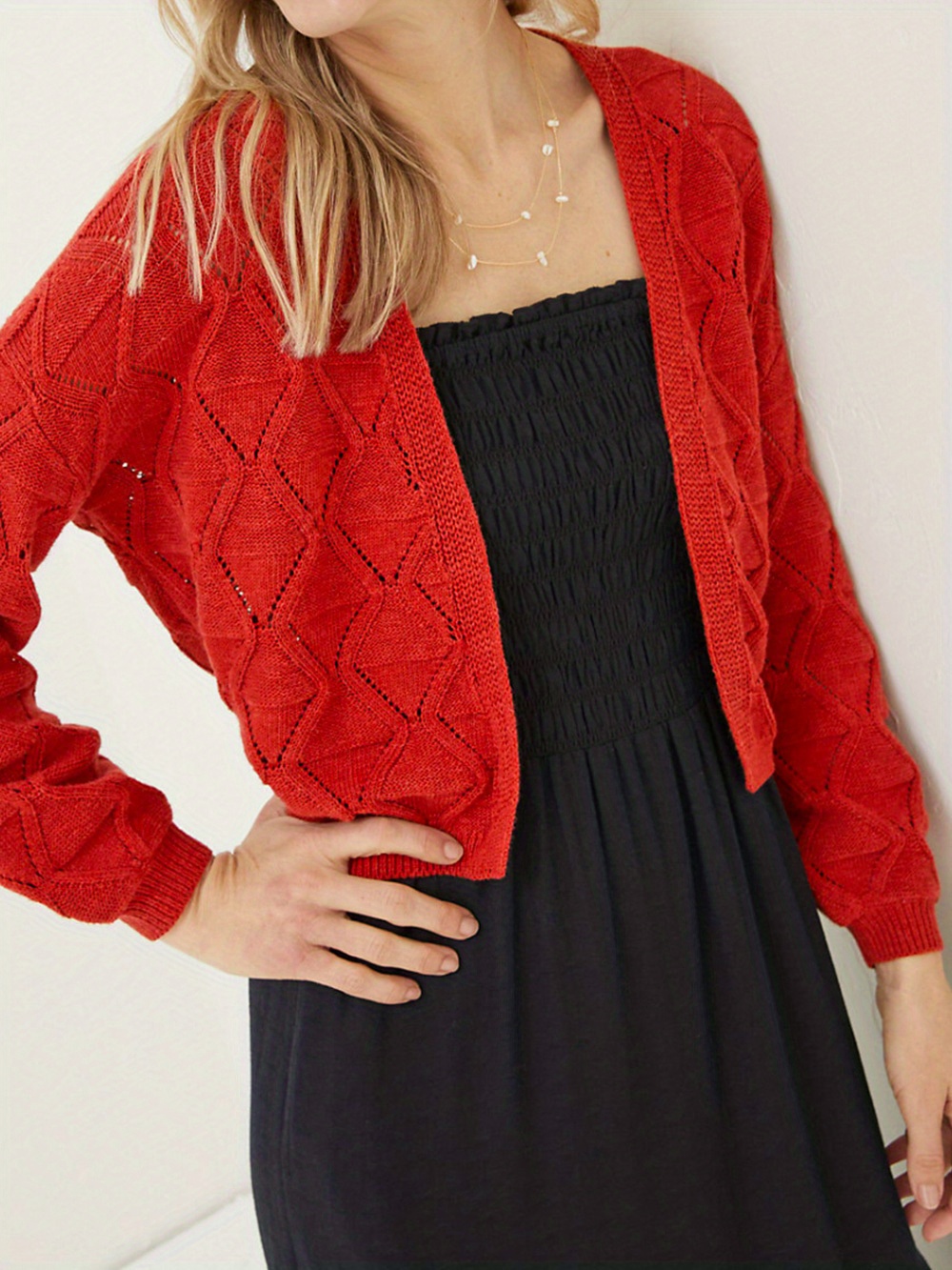 Solid Eyelet Open Front Cardigan Casual Long Sleeve Cardigan - Temu Canada