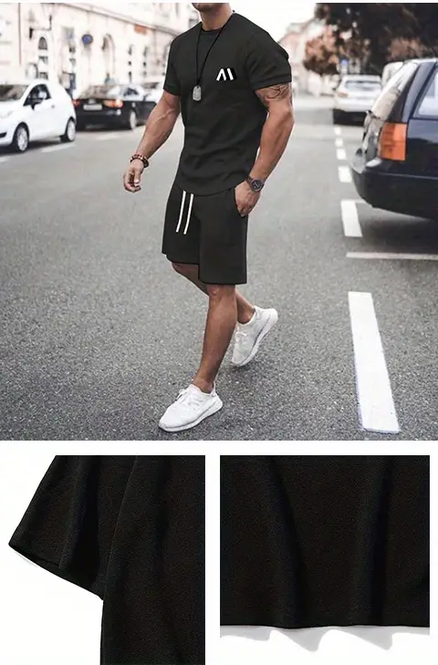 ティブレター「m」プリントクルーネックtシャツショーツセット男性用 夏のトレンディなグラフィック男性用衣装2点 Temu Japan