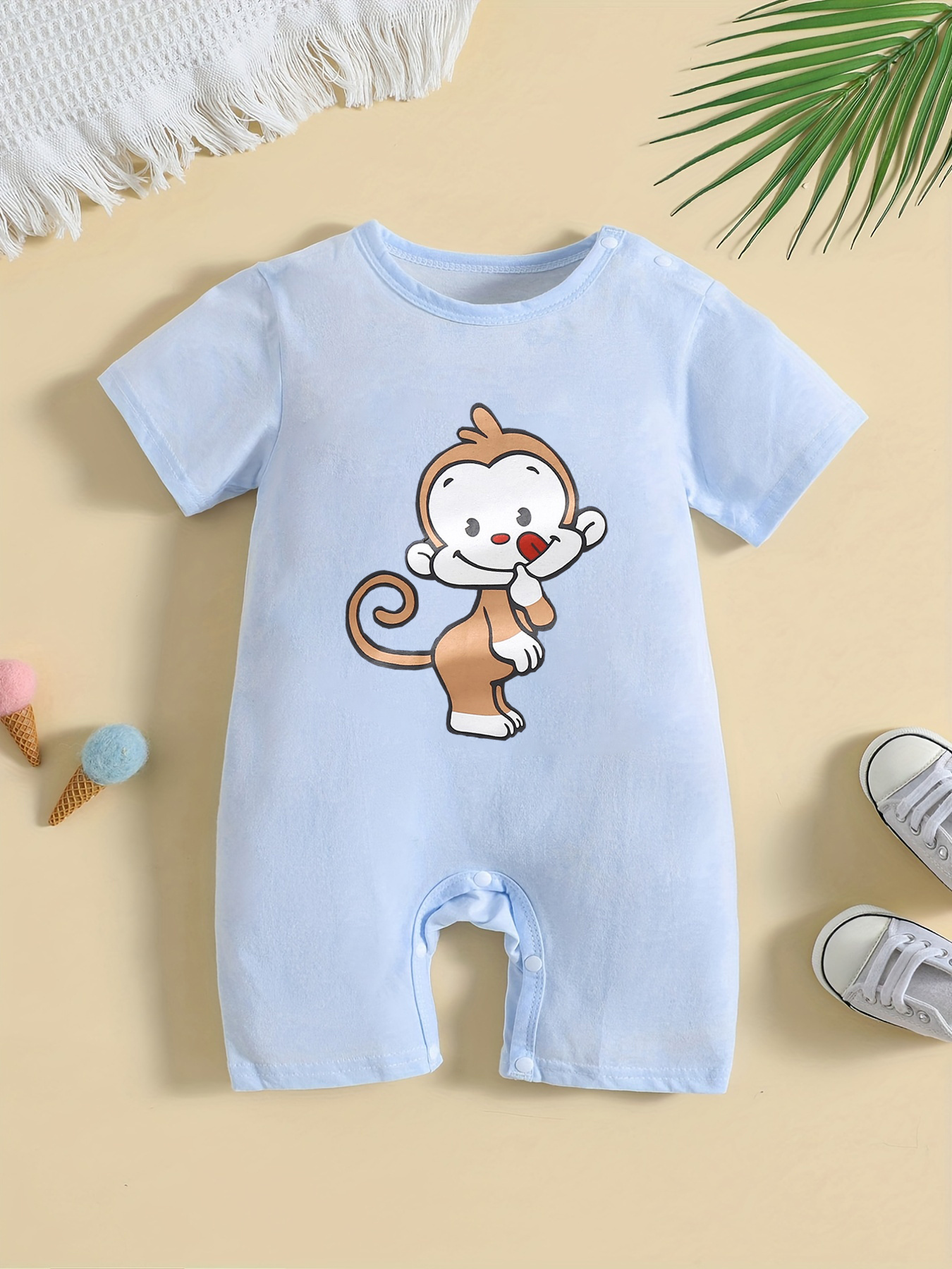 Adorable Monkey Cartoon Print Cotton Baby Jumpsuit Short - Temu