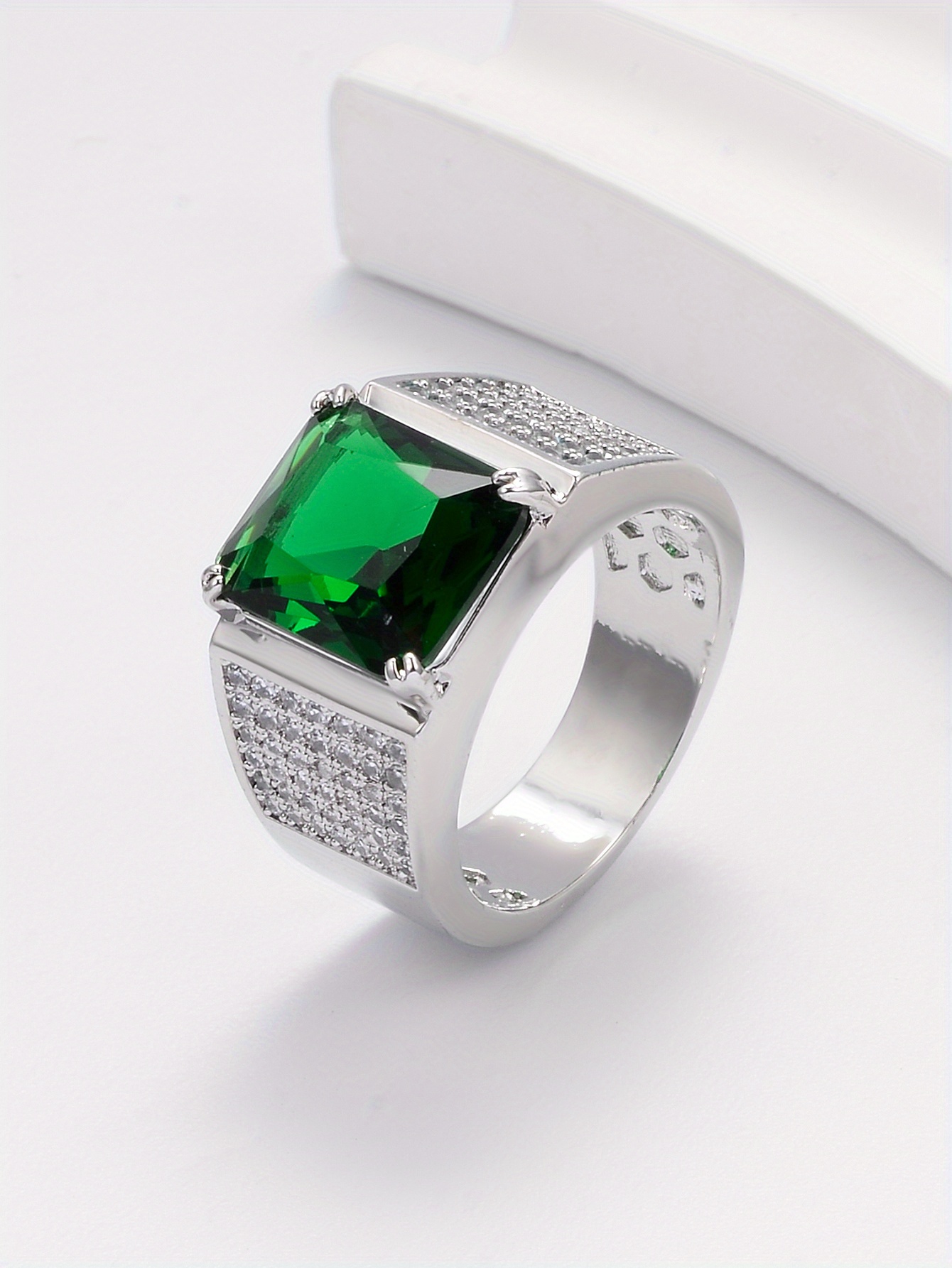 trendy wide ring silver plated inlaid square green zirconia - Temu New ...