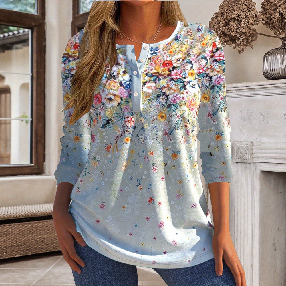 Plus Size Casual T Shirt Womens Plus Floral Print Long Temu