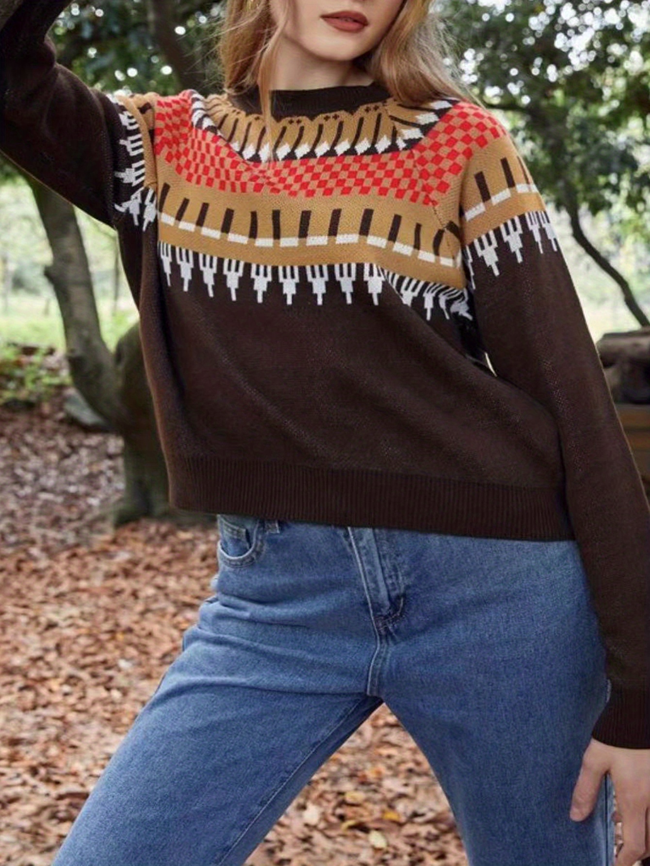 Plus Size Casual Sweater Women's Plus Geometric Print Round - Temu Canada