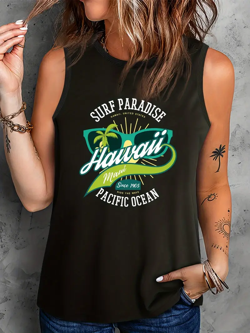 Plus Size Casual Tank Top Womens Plus Coconut Tree Letter Temu