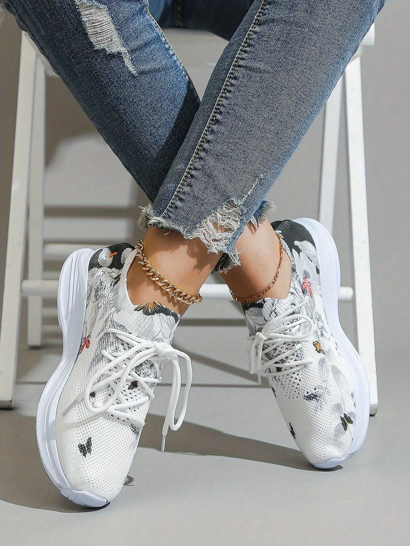 Flower Butterfly Pattern Sneakers Women's Breathable Flying - Temu ...