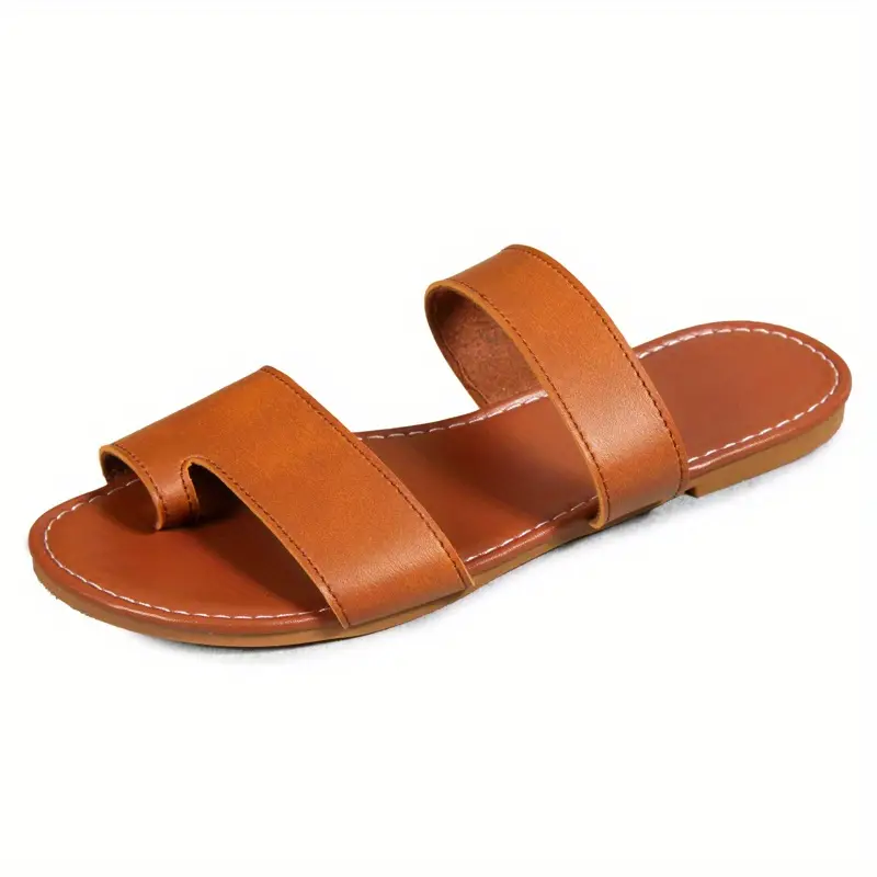 Womens Toe Loop Flat Slides Solid Color Open Toe Slip Shoes Temu