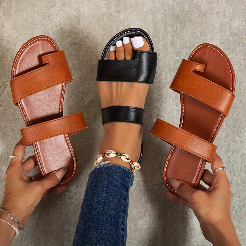 Womens Toe Loop Flat Slides Solid Color Open Toe Slip Shoes Temu