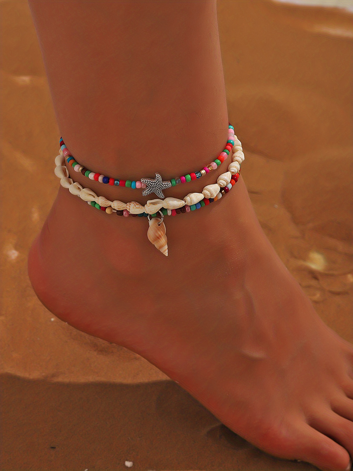 Conch Shape Pendant Beaded Anklet Set Mini Rice - Temu Australia