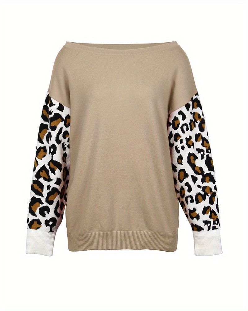 Contrast Leopard Boat Neck Pullover Sweater Casual Long - Temu Canada