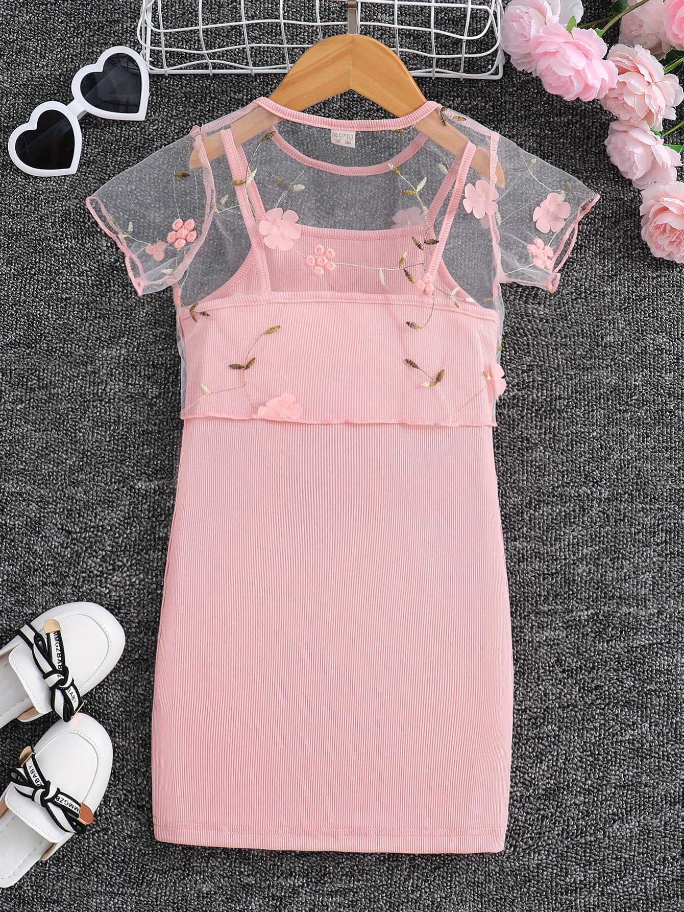 Girl's Ribbed Camisole Dress Mesh T shirt Set Floral - Temu United Kingdom