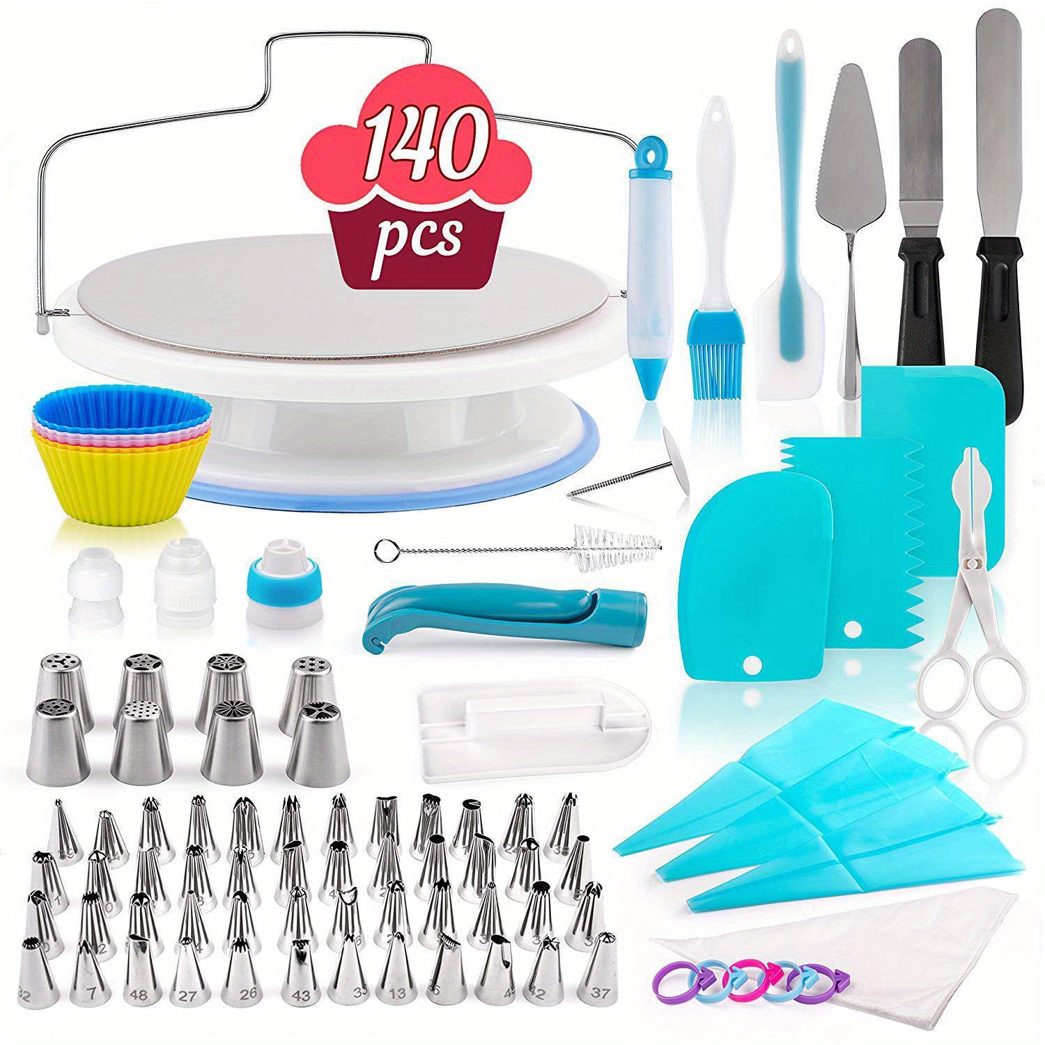 140pcs Cake Decorating Tool Kit Including Cake Turnable Lever Icing ...