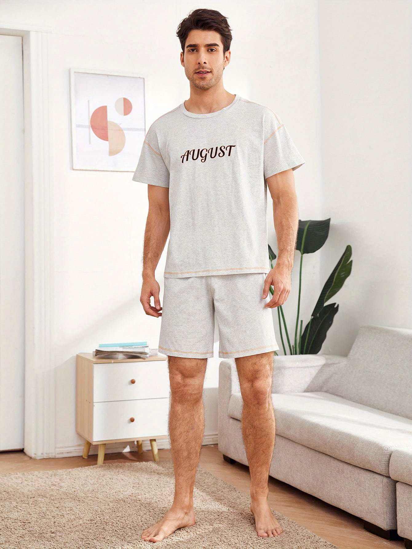 Men' Color Letter Print Pajama Set Round Neck - Temu Norway