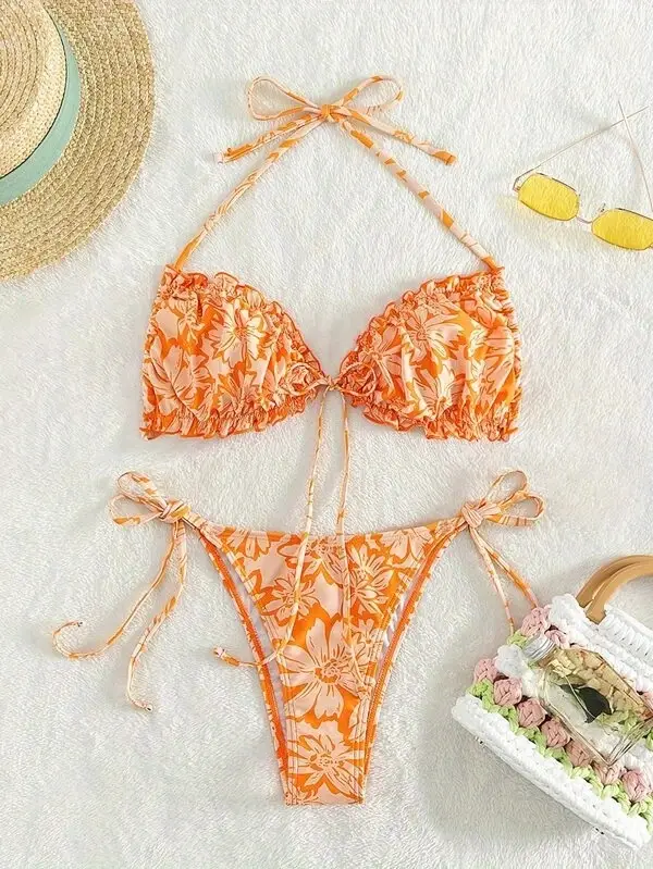 Floral Print Ruffle Trim Tie Front Bikini High Cut Tie Side Temu