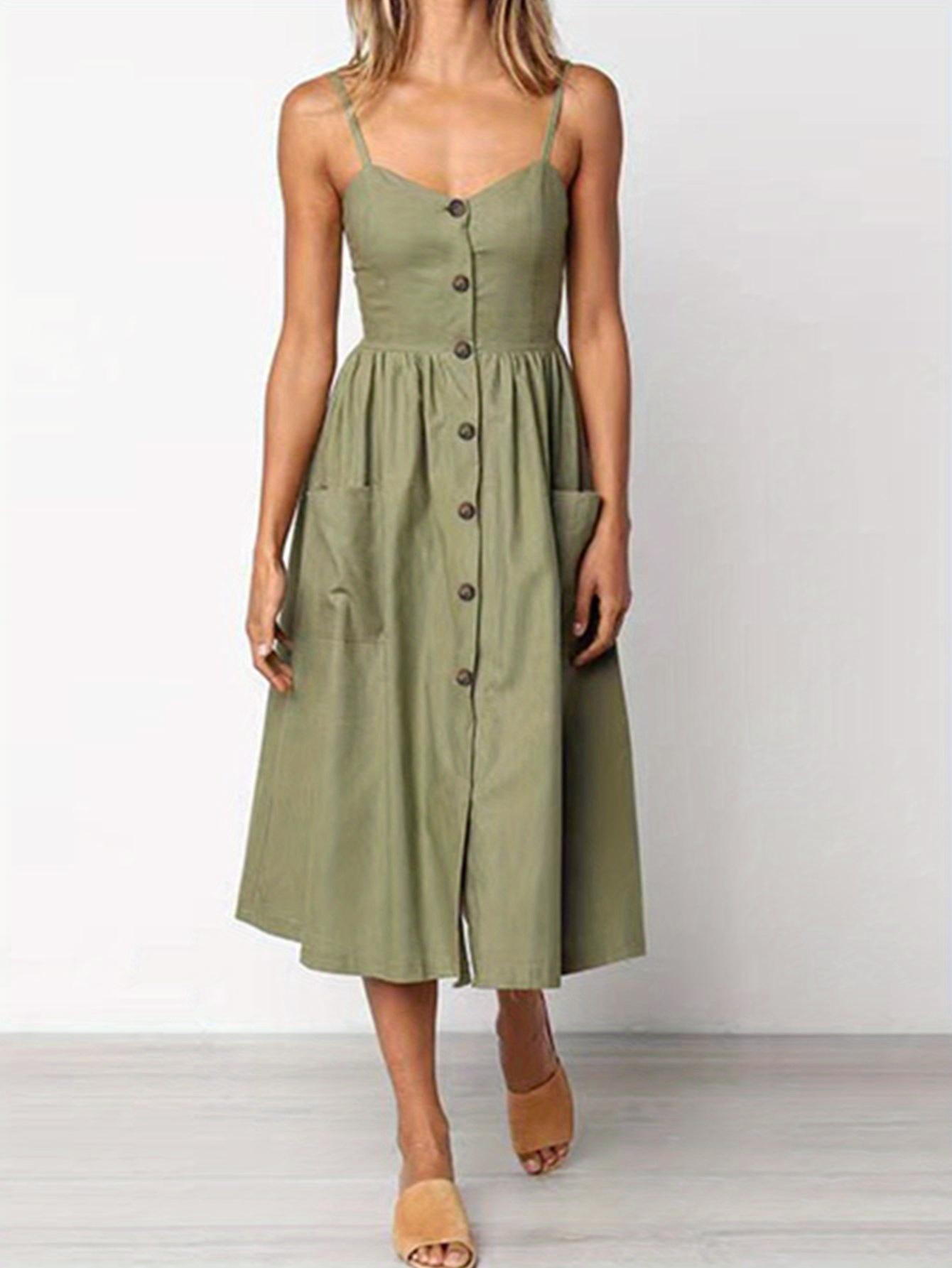 Ruched Spaghetti Dress Casual Button Front Sleeveless Dress - Temu Canada