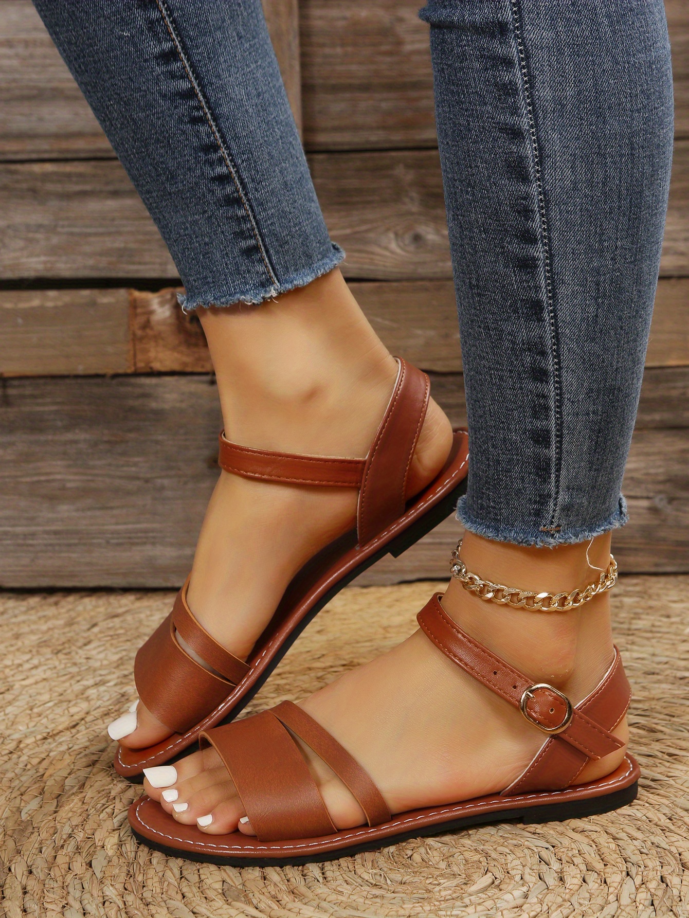 Solid Color Flat Sandals Women's Casual Open Toe Buckle - Temu Canada
