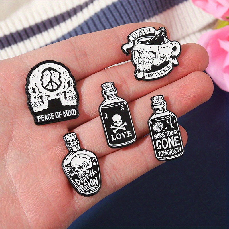 Punk Skeleton Enamel Pins Custom Black White Skull Potions - Temu