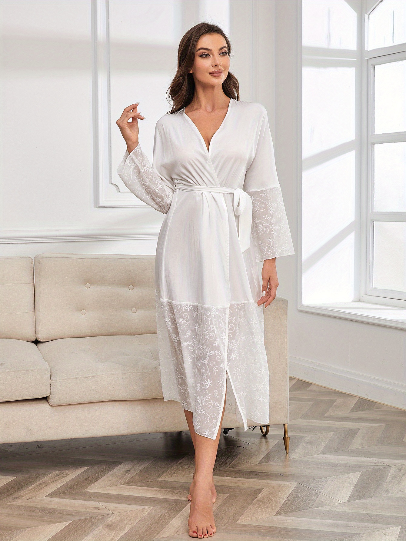 Lace Stitching Night Robe Elegant Long Sleeve V Neck Robe - Temu Canada