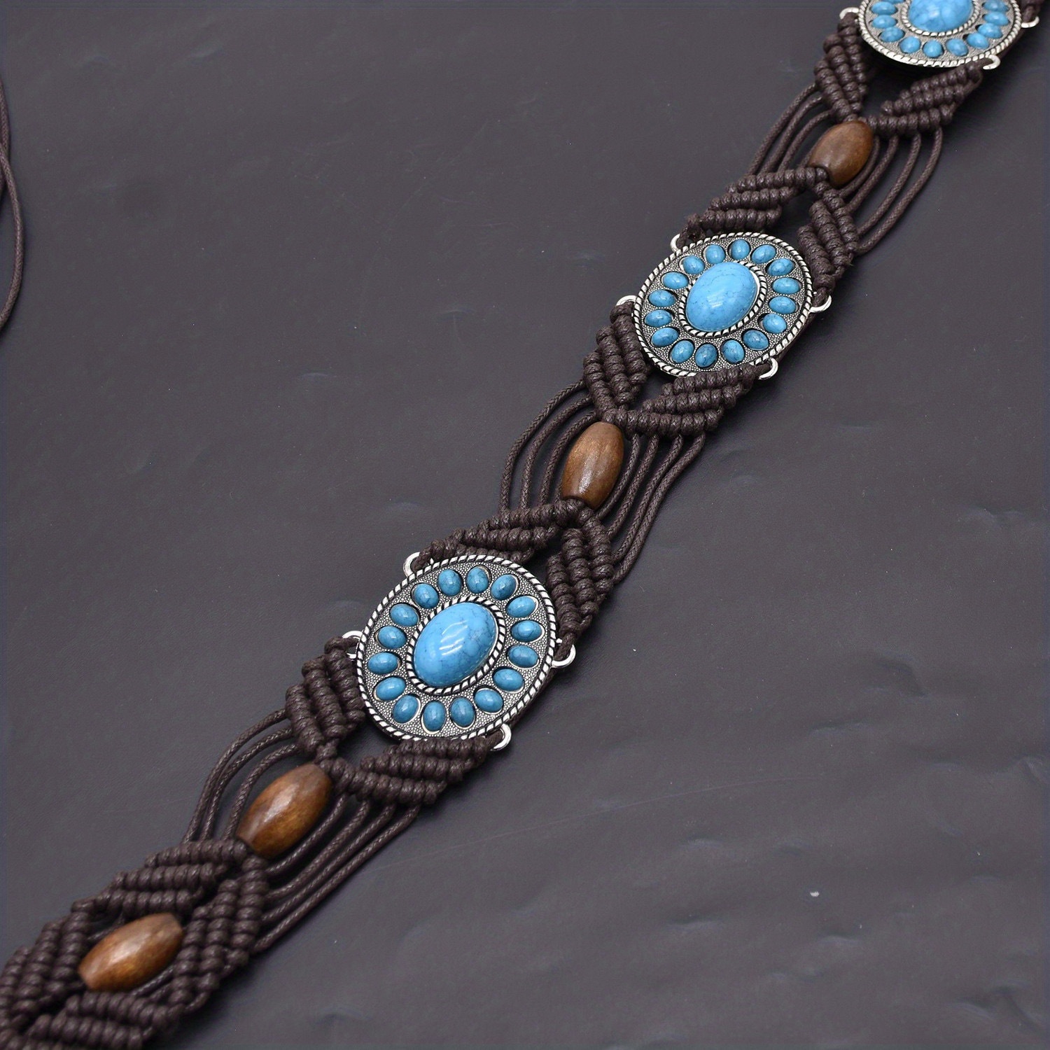 Turquoise Inlaid Braided Belt Boho Hollow Wax Rope Waistband - Temu ...