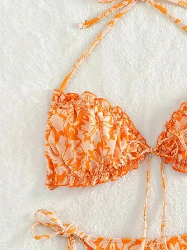 Floral Print Ruffle Trim Tie Front Bikini High Cut Tie Side Temu