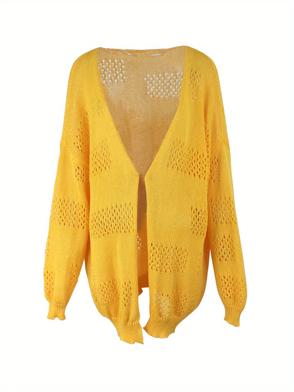 Hollow Solid Knit Cardigan Casual Open Front Long Sleeve - Temu