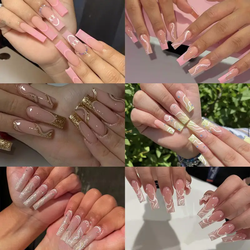 Long Coffin Nails French Ballet Press Nails - Temu Long Coffin Nails French Ballet Press Nails - Temu