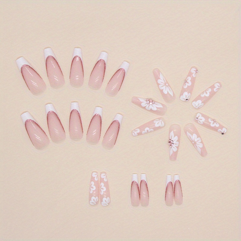 Glossy Flower Press Nails Pink Glitter Rhinestone Design - Temu United ...