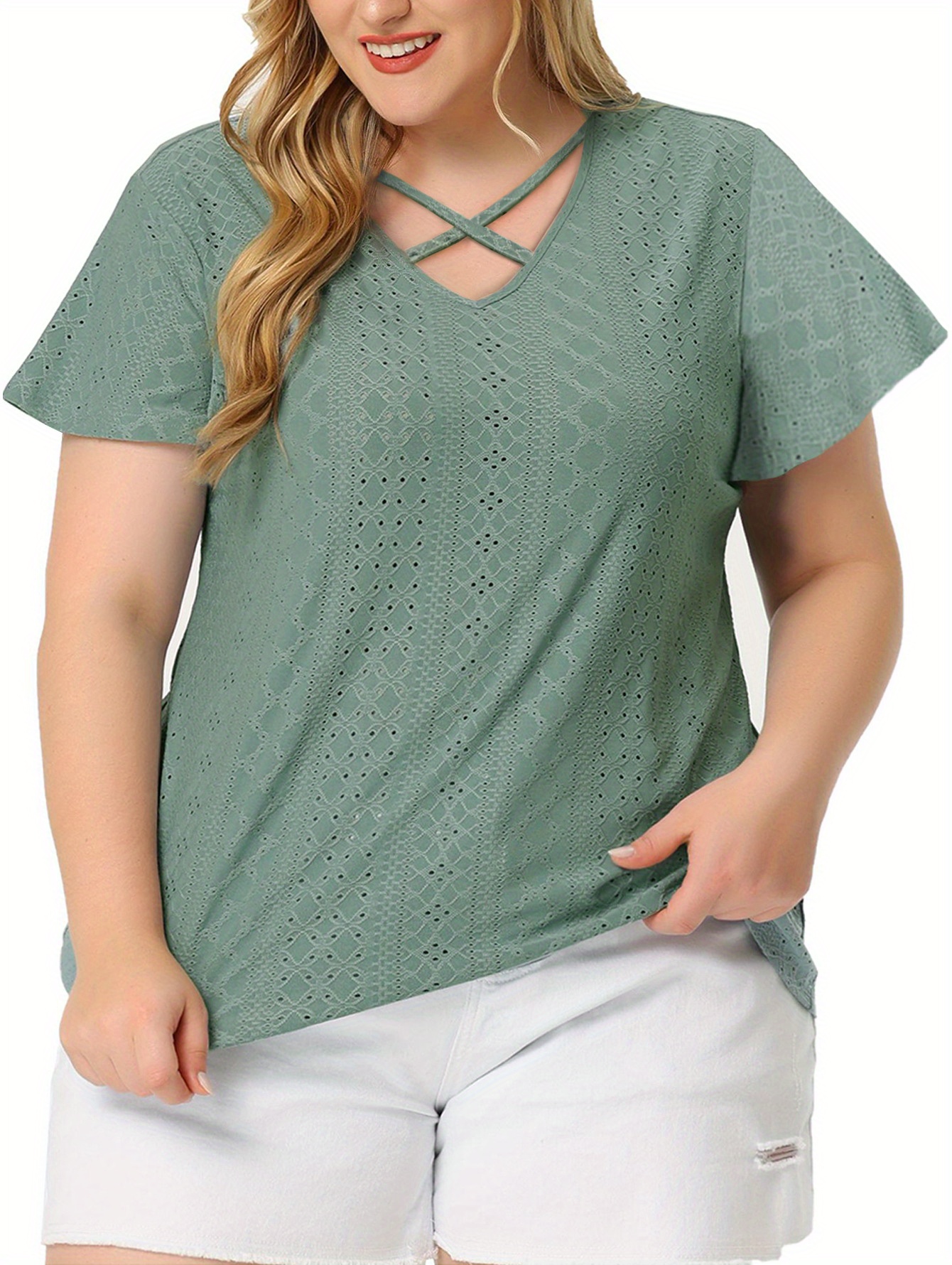Elegant T shirt Plus Size Women s Plus Eyelet Embroidery - Temu New Zealand