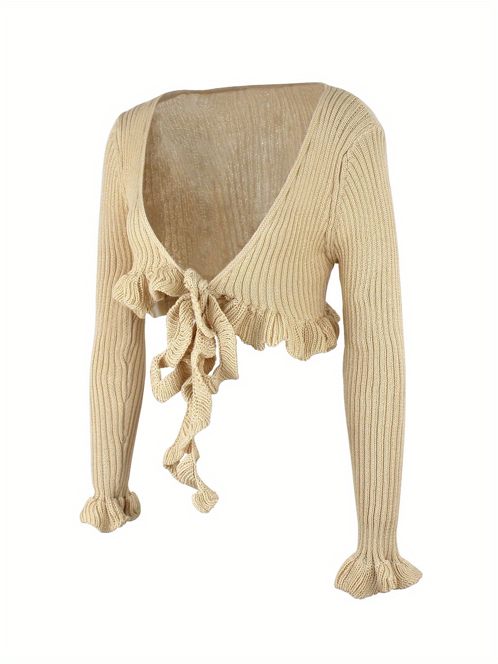 Tie Front Solid Knit Cardigan Vacation Ruffle Trim - Temu