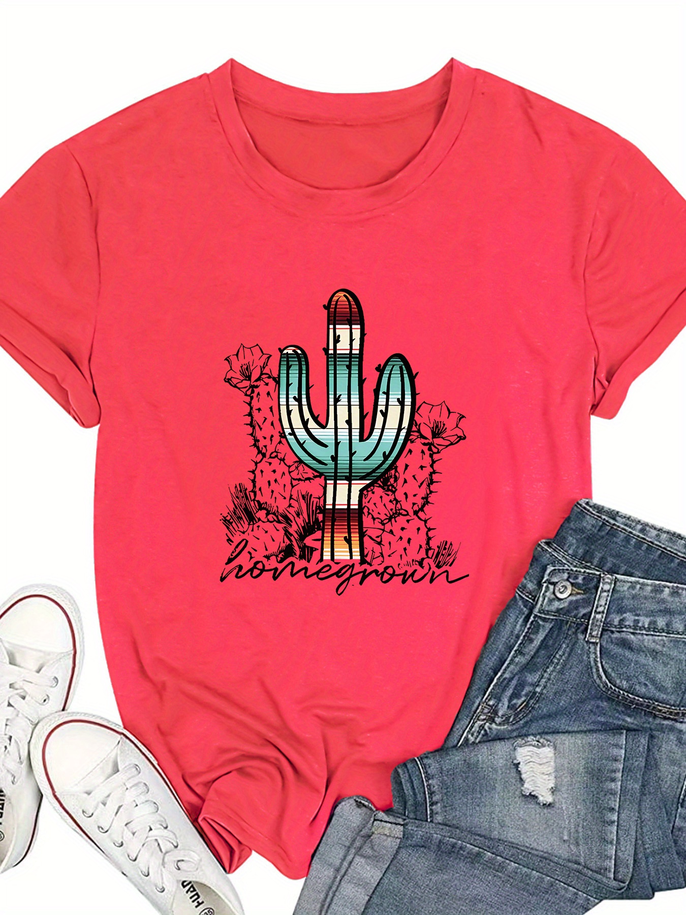 Cartoon Cactus Print T shirt Short Sleeve Summer Casual Tee - Temu