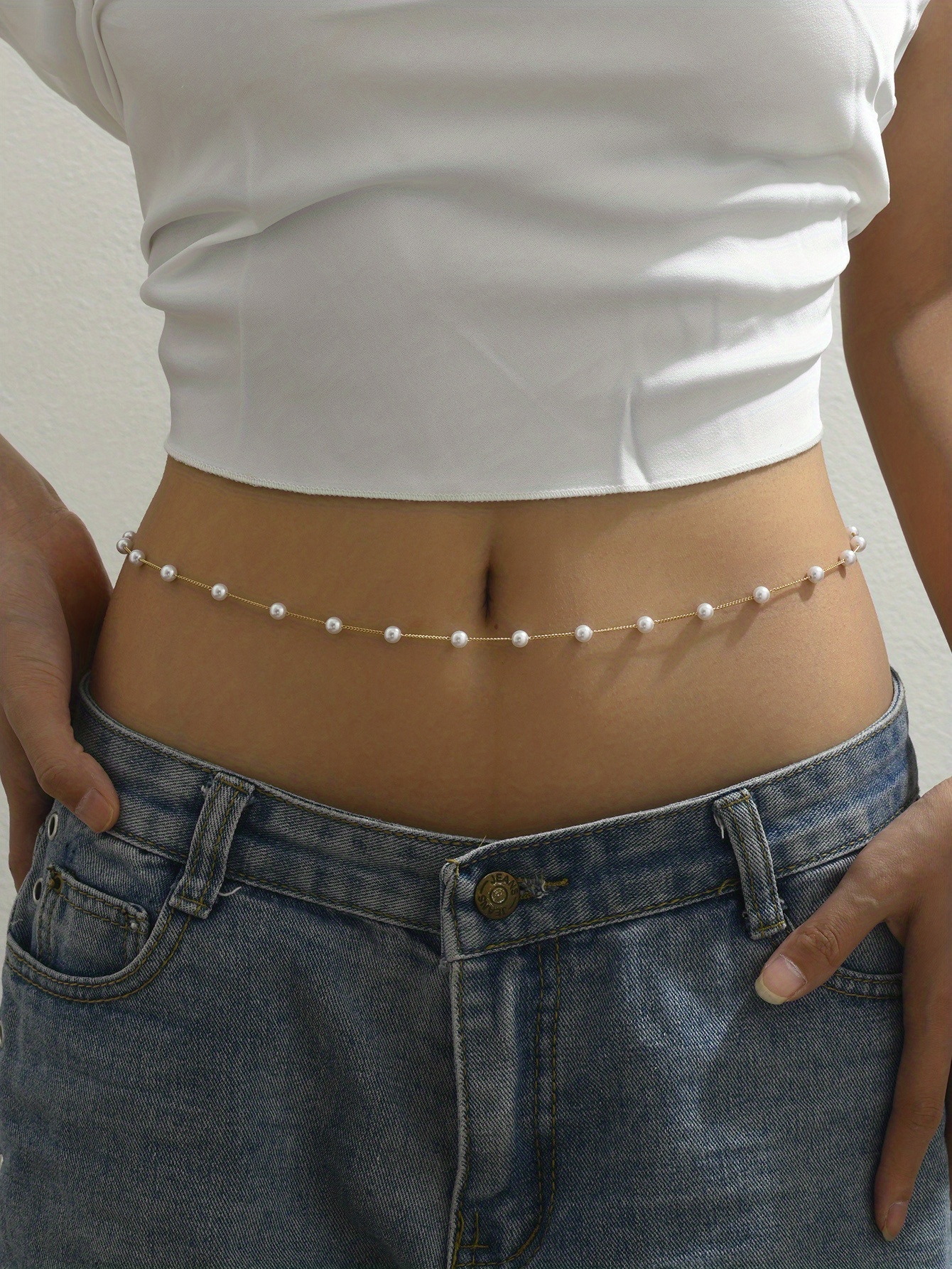 Mini White Faux Pearls Bead Thin Waist Chain Simple Style - Temu
