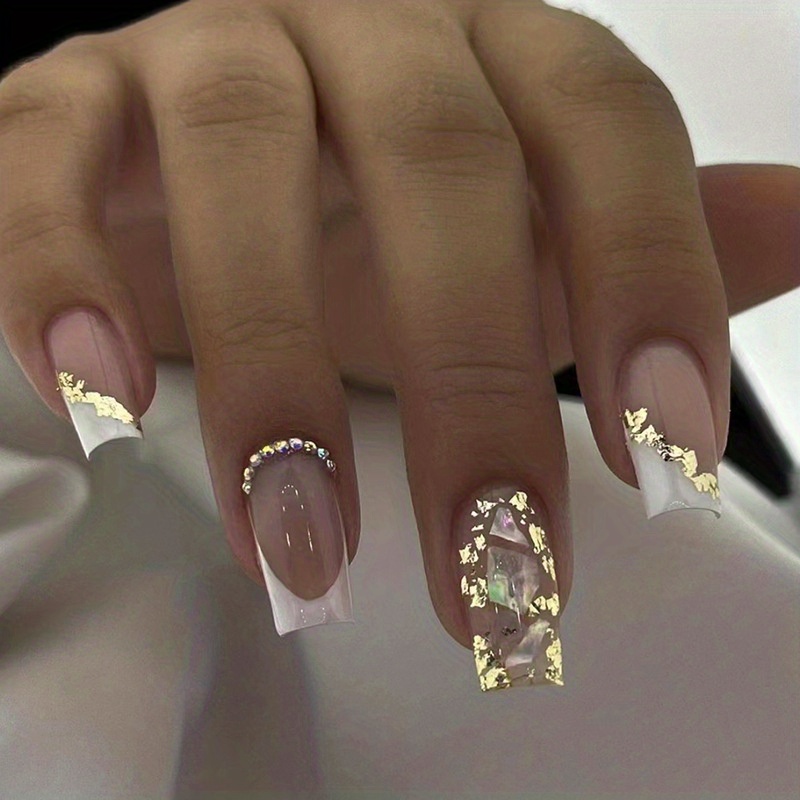 White French Tip Press Nails Square Medium Fake Nails Full Temu New