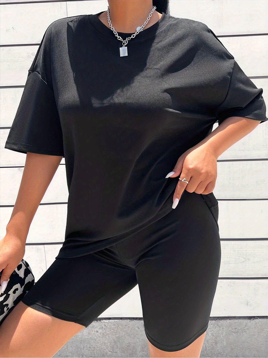 Solid Color Casual Sports Suit Crew Neck Sports Tee Shorts - Temu Canada