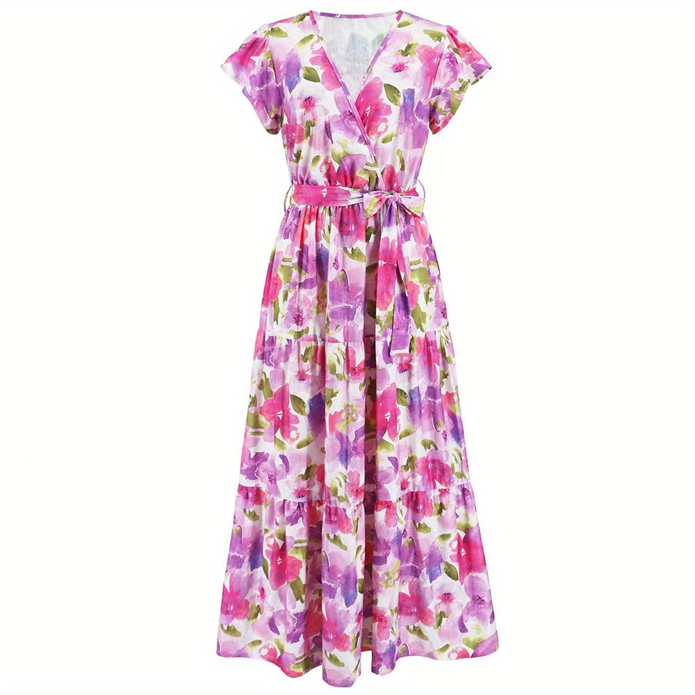 Floral Print Ruched Dress Boho V Neck Ruffle Sleeve Maxi - Temu Australia