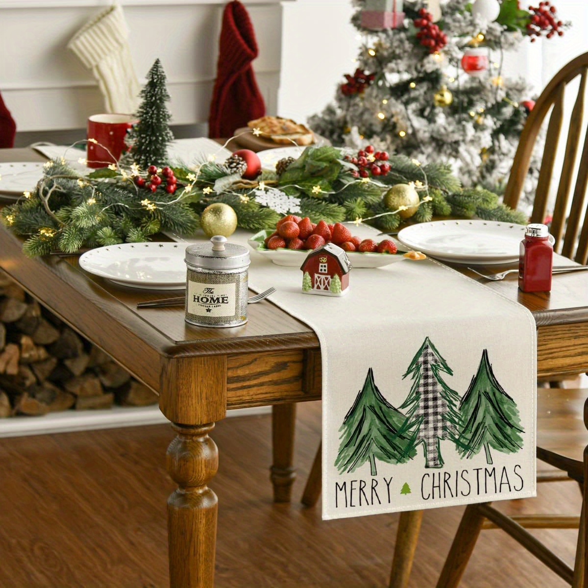 merry christmas table runner trees design linen - Temu Australia