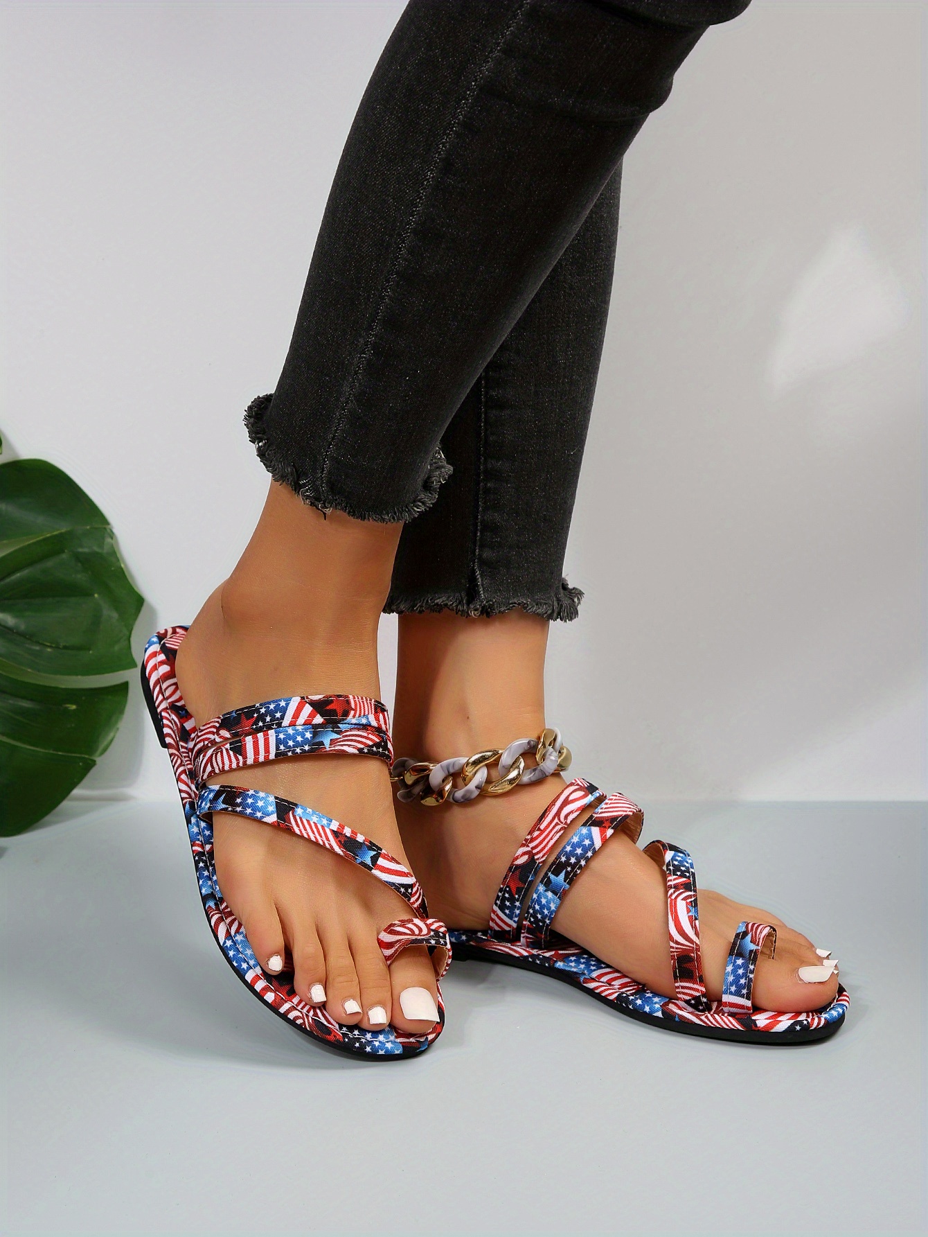 Women's Flag Pattern Slide Sandals Toe Loop Slip Flat Slide - Temu Norway