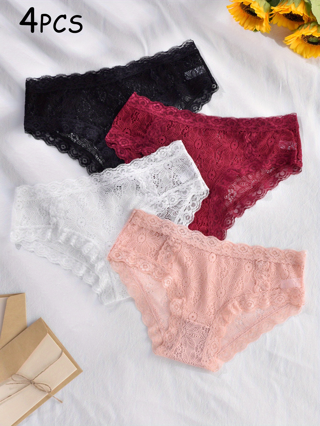 Floral Lace Briefs Cut Trim Semi sheer Panties - Temu