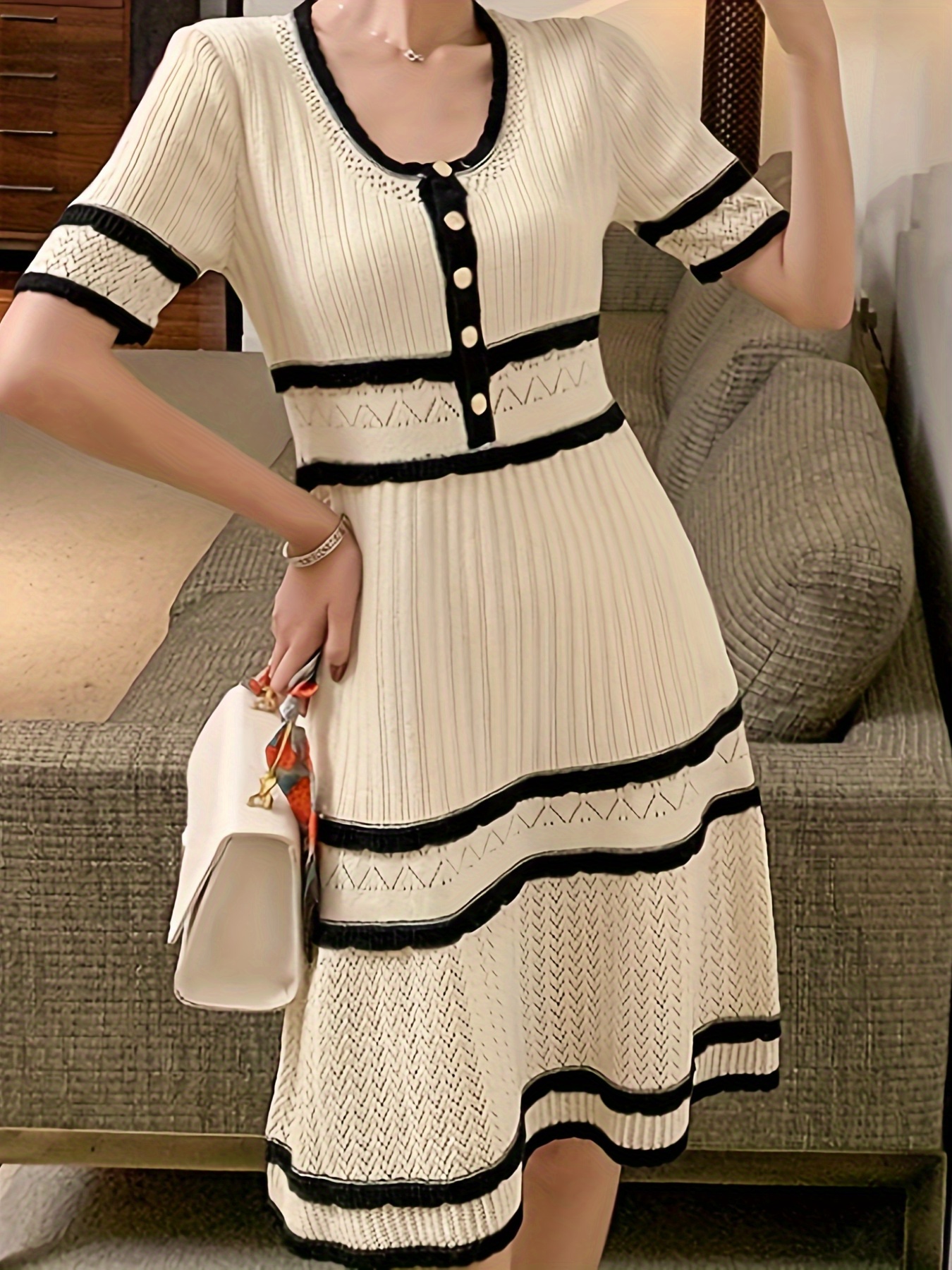 Button Front Color Block Dress Elegant Crew Neck Short - Temu Australia