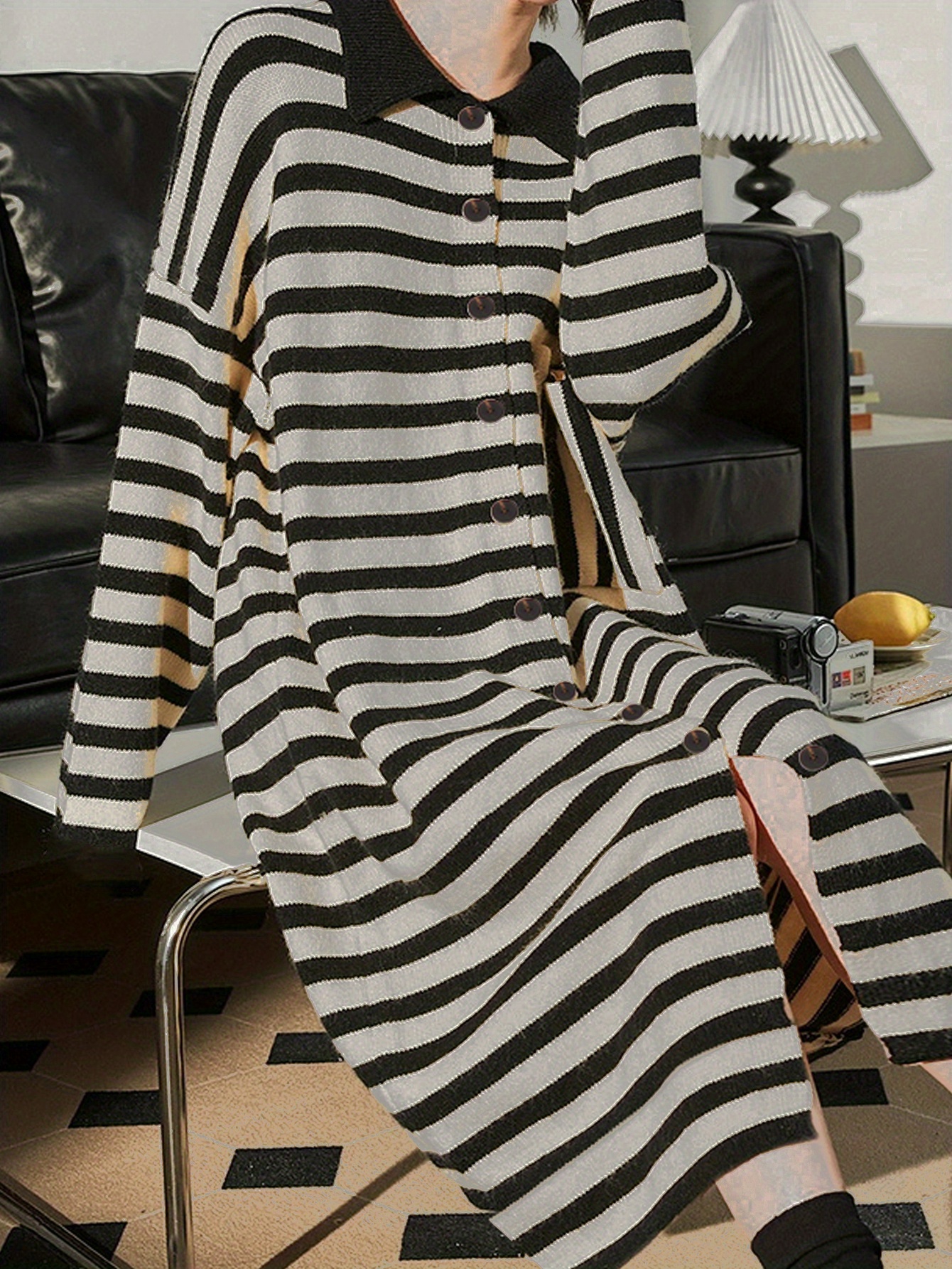 Striped Print Button Front Dress Elegant Drop Shoulder Long - Temu Australia