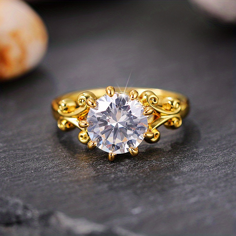 18k Gold Plated Shiny Halo Ring Inlaid Round Cut Zircon For Women ...