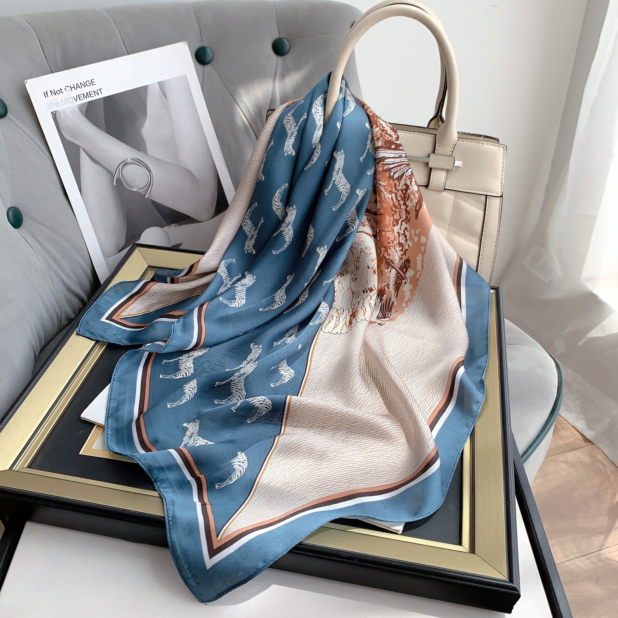 Elegant Zebra Print Bandana Color Block Satin Square Scarf - Temu Australia