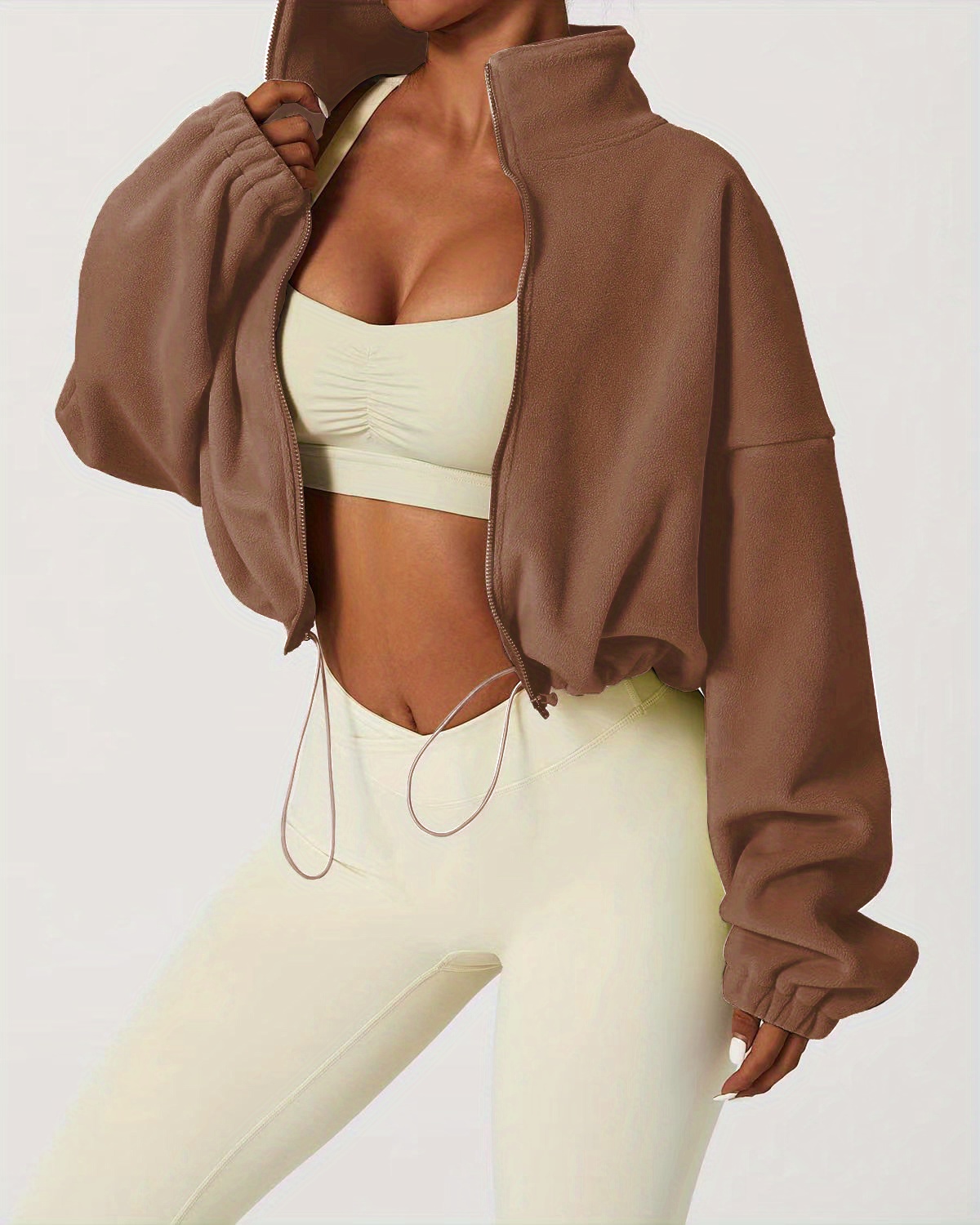 Zip Drop Shoulder Jacket Casual Solid Long Sleeve Drawstring - Temu Australia