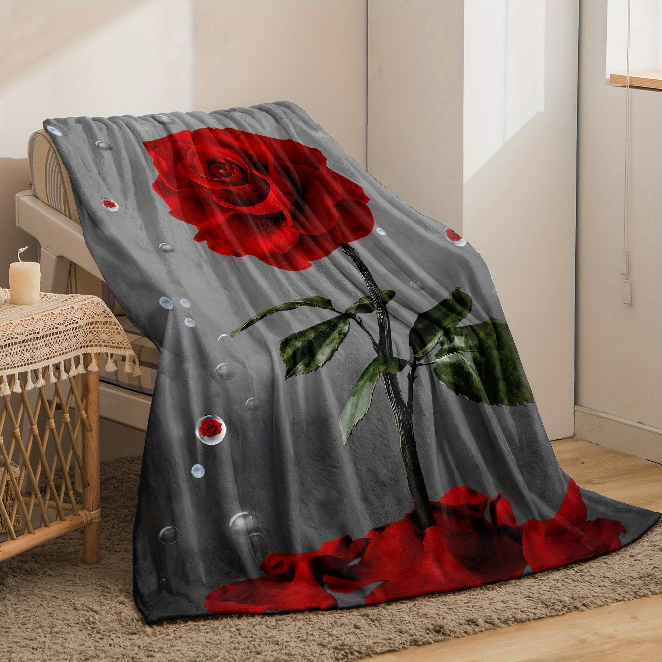 Red Rose Printed Flannel Blanket Throw Blanket - Temu Australia