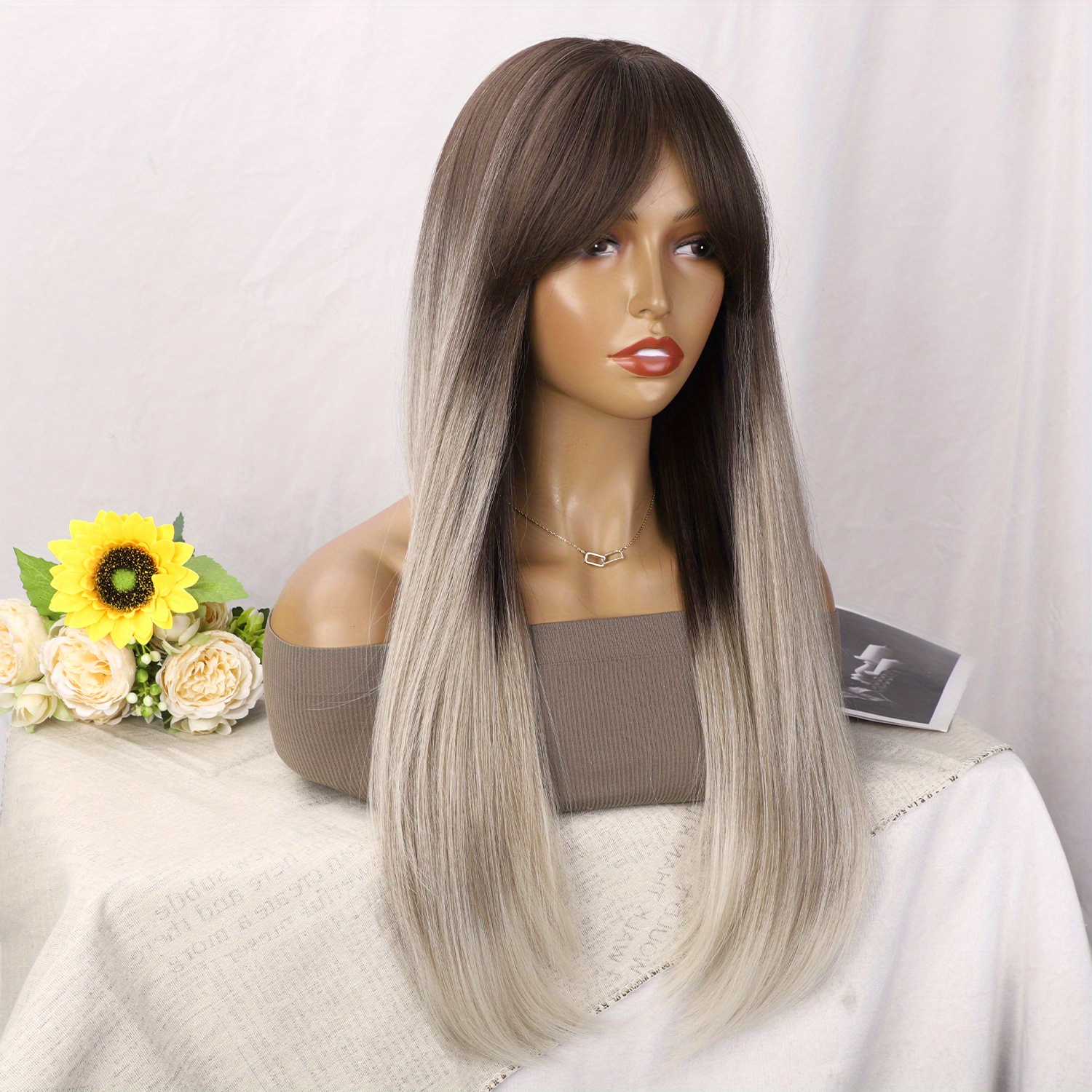 Long Straight Ombre Brown Gray Bangs Dark Brown Roots - Temu Australia