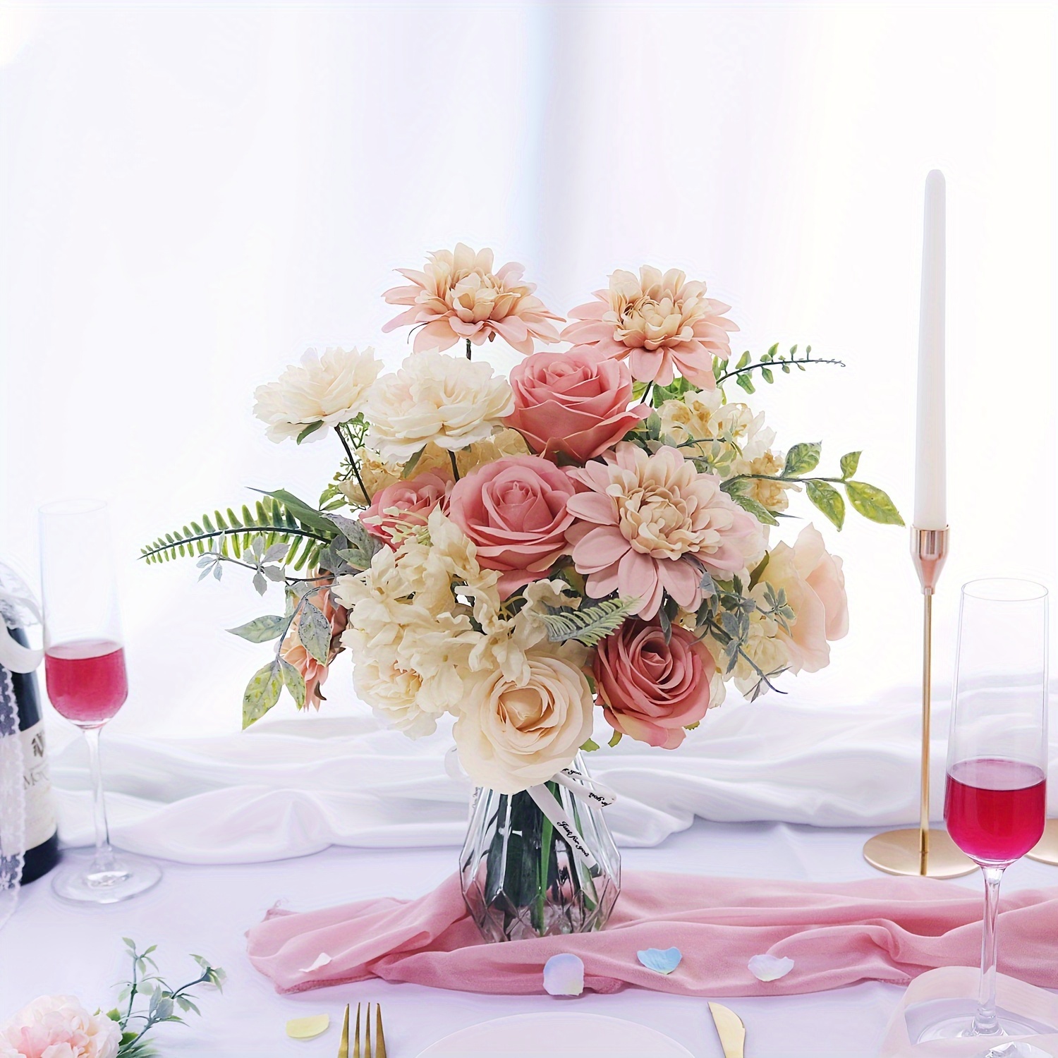 1pc Champagne Artificial Flowers Set Silk Flowers Roses Bridal Bouquets ...