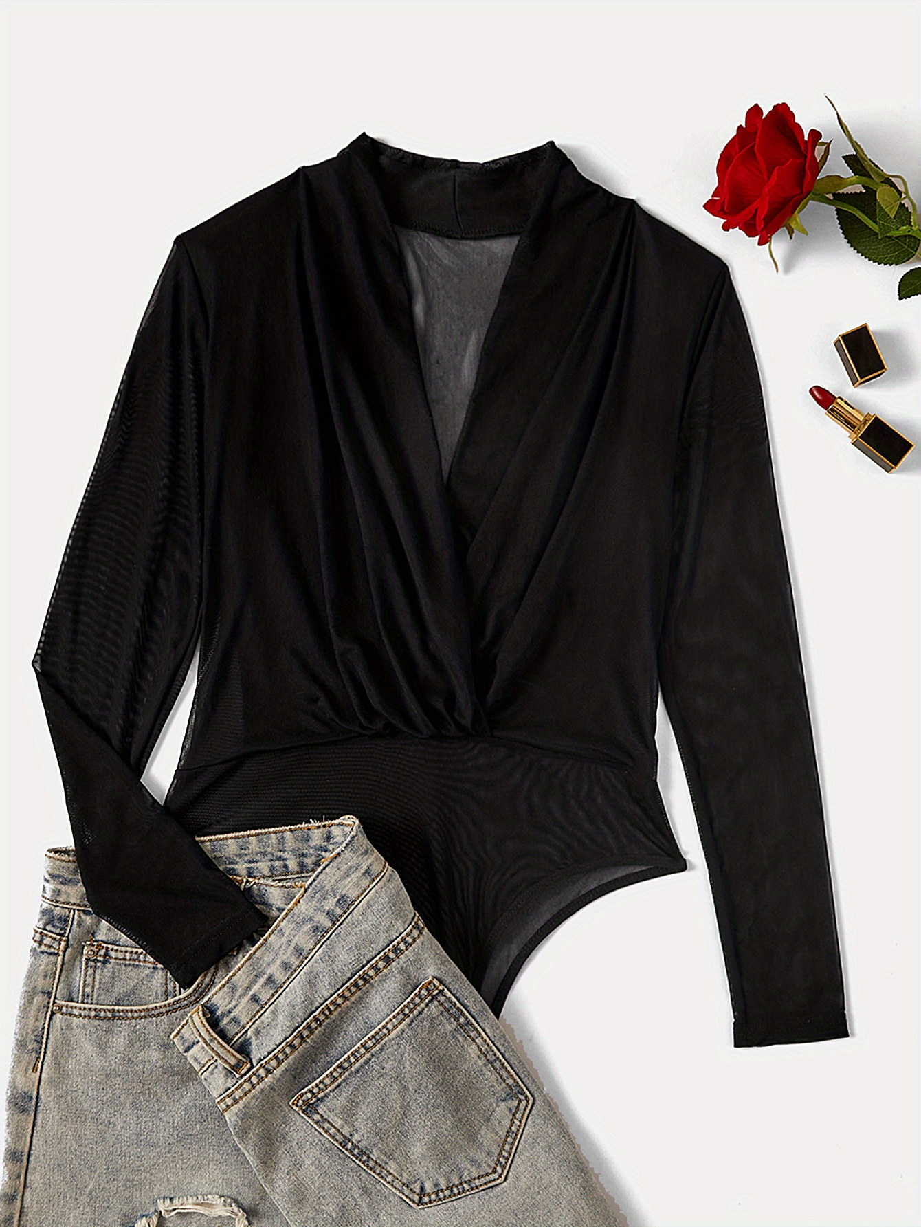 deep v neck mesh bodysuit long sleeve sexy casual bodysuit - Temu