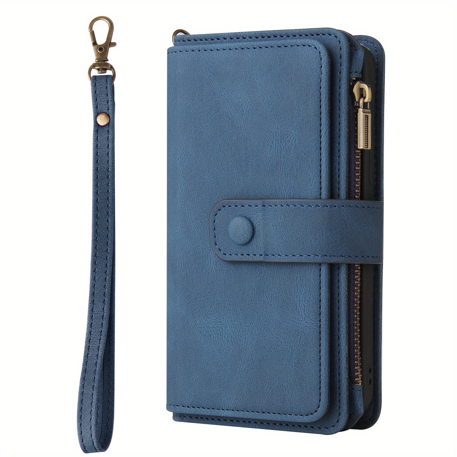 Blue 15 Card Zipper Faux Leather Mobile Wallet Phone Case - Temu United ...
