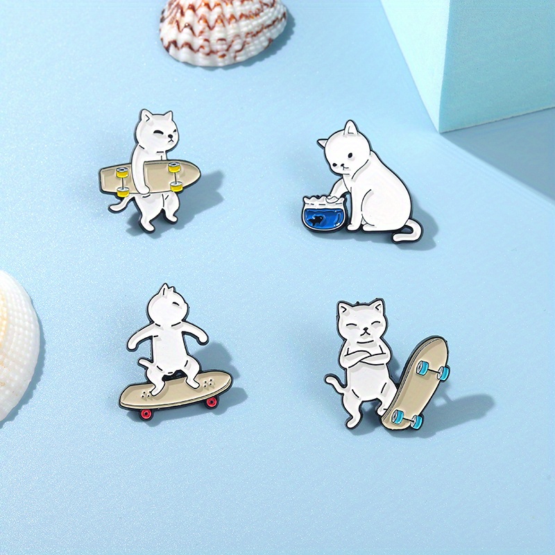 Black White Cat Playing Skateboard Fish Metal Enamel Brooch - Temu ...