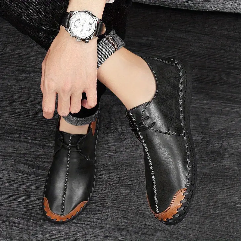 Mens Slip Leather Loafers Casual Lace Walking Shoes Comfortable